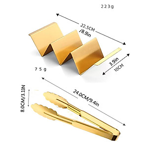 JYJFGSFA 4 Pcs Gold Taco Holders Set with 1 Food Tong, Stainless Steel Taco Stand with Handles for Party, Holds Up to 3 Tacos Each, Dishwasher Oven safe