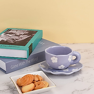 Koythin Ceramic Coffee Mug with Saucer Set, Cute Creative Cup Unique Irregular Saucer Design for Office and Home, 6 oz/180 ml for Latte Tea Milk, Mothers Day Gifts (Purple Flower)