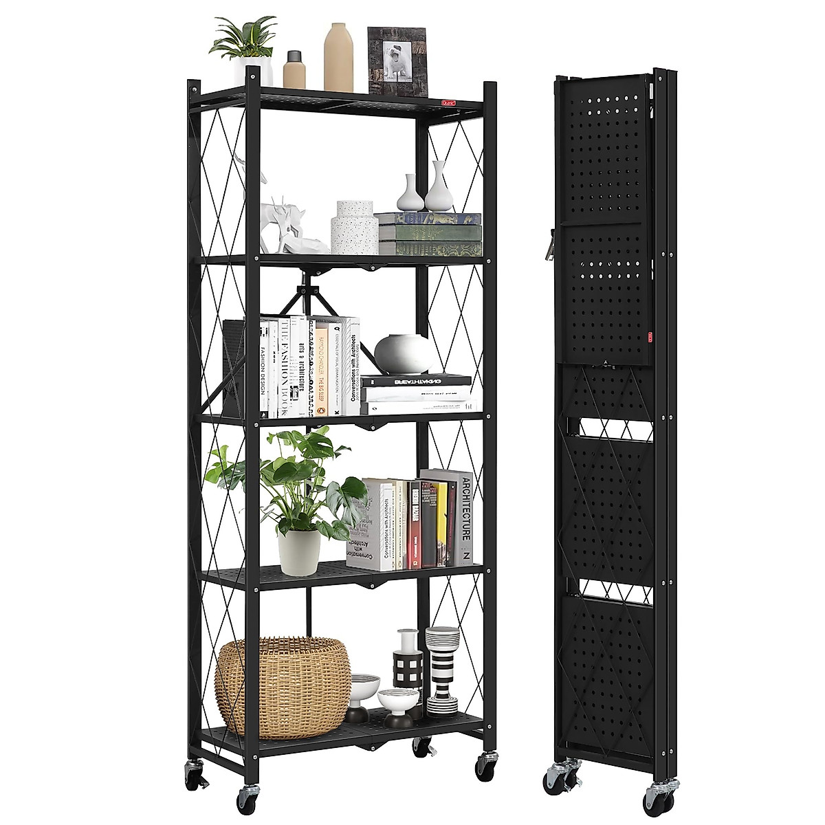 DEANIC 5-Shelf Folding Shelves Bookcase with Wheels, Heavy Duty Storage Shelves, Freestanding Metal Wire Shelving Unit for Living Room, Office, Kitchen, Basement, Pantry (Black)