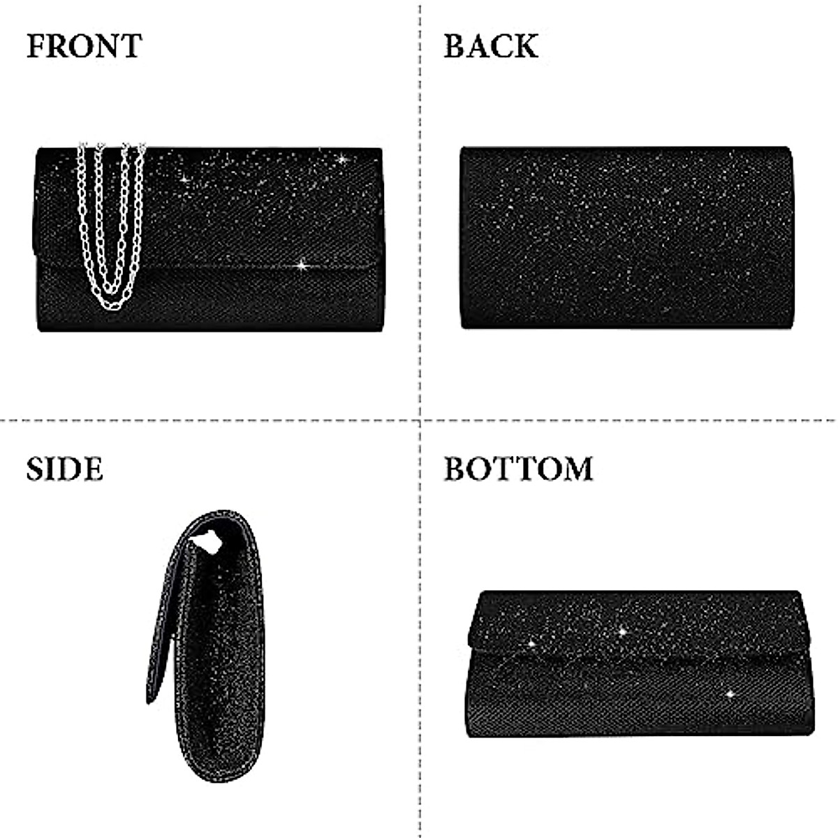 OSDUE Evening Bag Clutch Purses for Women, Glitter Bags, Sparkling Envelope Evening Bag with Detachable Chain, for Prom Wedding Party Banquet Date (Black)