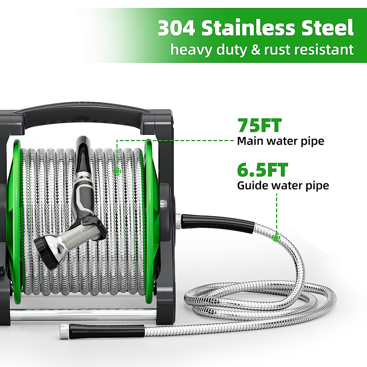 SPECILITE Wall Mount Garden Water Hose Reel with 75ft 304 Stainless Steel Metal Pipe and Nozzle for Outside, Yard, Patio,Space-Saving Design, Easy Storage, Green