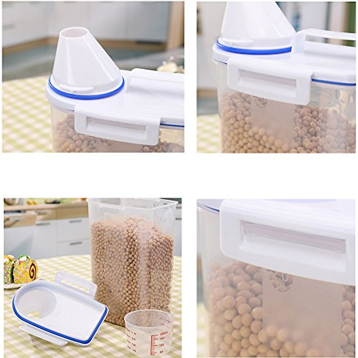 Airtight Food Storage Container with Lids 2L, Cereal Dispenser Rice Bin, Clear Plastic Storage Box with Airtight Design Measuring Cup Pour Spout, for Kitchen Flour Rice Sugar, Keeps Food Fresh Dry