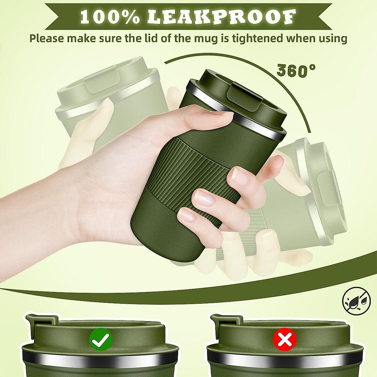 BAYTWA Coffee Tumbler 12oz/380ml - Insulated Coffee Mug with Lid, Leakproof Travel Coffee Cup, Stainless Steel Reusable Coffee Mug for Hot&Cold Drinks, Thermal Coffee Cups for Men Women-Green/1 Pack