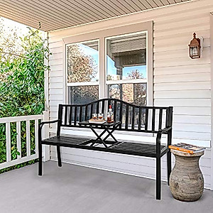 Yaheetech Outdoor Garden Bench w/Pullout Middle Table, Metal Patio Bench, Front Porch Bench for Backyard, Weather-Resistant Frame, Patio Seating for 2-3 Person, Black