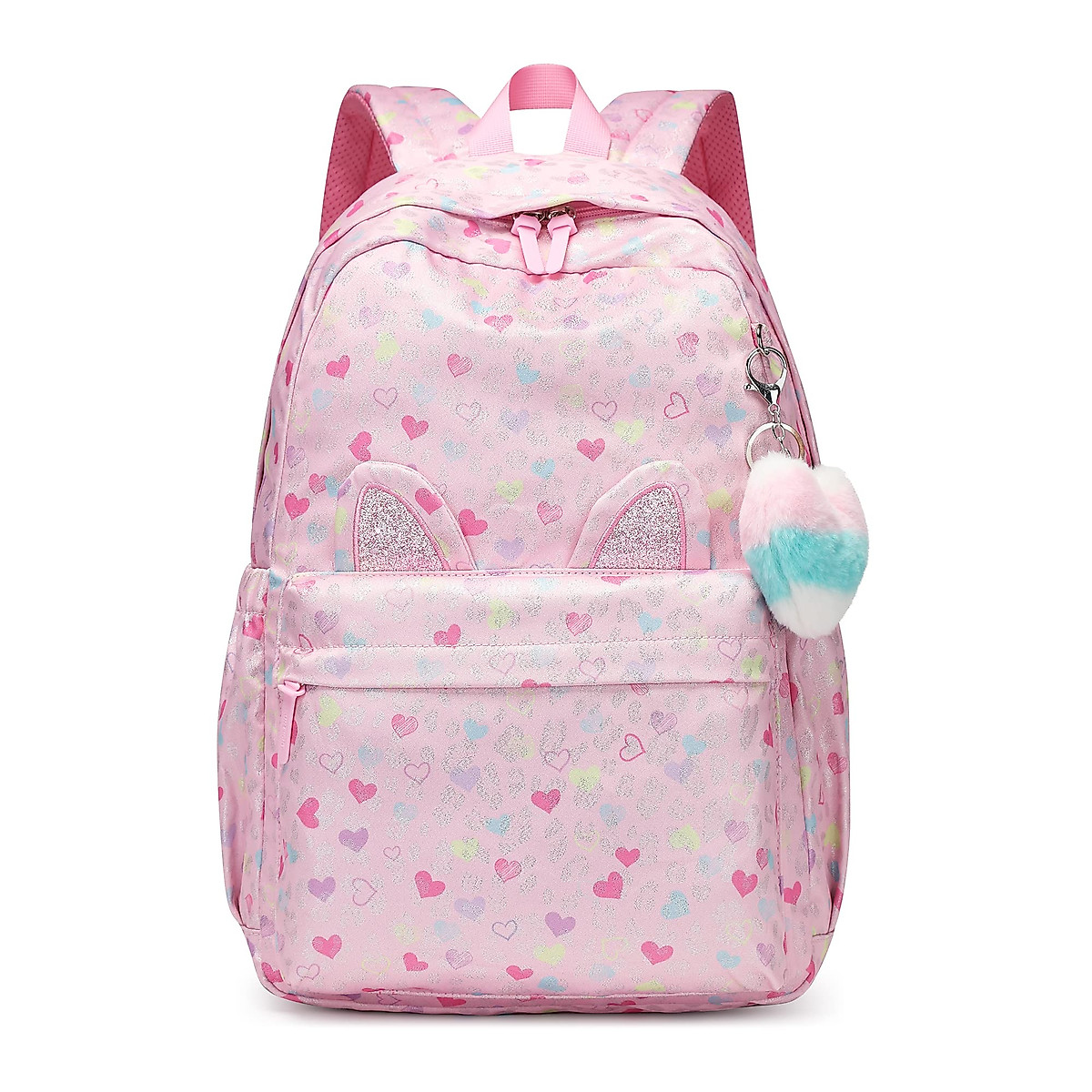 Reqinqin Kids Backpack Girls And Boys Pink Waterproof Large Space School Backpack Suitable for Age for Over 6 Years old Lightweight Travel Cat Ear Heart Keychain Toddler Backpack（Pink Heart）