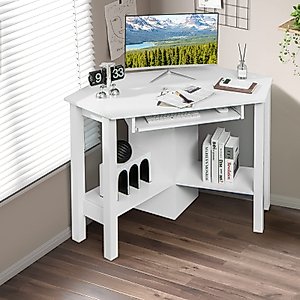 IFANNY Corner Desk, 90° Triangle Computer Desk with Keyboard Tray and Storage Shelves, Compact Corner Work Desk, Corner Writing Desk for Home Office, Small Corner Desks for Small Spaces