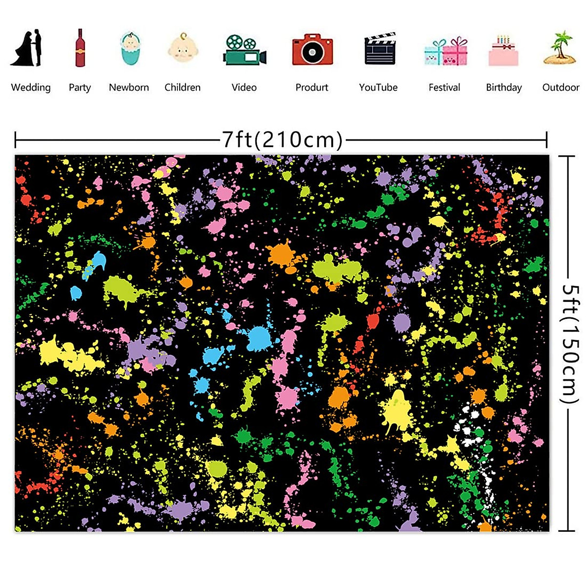Colorful Paint Splash Backdrop Abstract Graffiti Style Photography Background Neon Glow Splatter Hip Hop Disco Retro 80's 90's Happy Birthday Glow Party Art Vinyl 7x5ft Banner Photo Studio Props