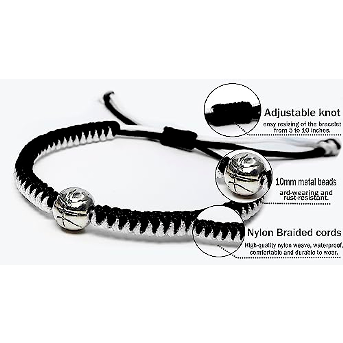 MANYC Basketball Bracelets Adjustable for Boys, Girls, and Adults Handmade Gifts for Basketball Players (Black white 2PCS)