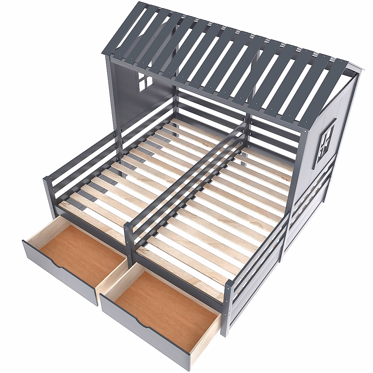 P PURLOVE Twin Double Shared Bed,Twin Size House Platform Beds with Two Drawers for Boy and Girl Shared Beds, Montessori House Bed Frame Combination of 2 Side by Side Twin Size Beds,Gray