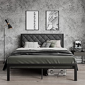 SHA CERLIN Queen Metal Platform Bed Frame,Upholstered Fabric Button Tufted Headboard, Mattress Foundation with 17 Strong Metal Slats Support, No Box Spring Needed, Easy Assembly, Dark Grey
