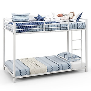 GOFLAME Twin Over Twin Bunk Bed, Metal Frame Loft Bunk Bed with Ladder and Guard Rail, Heavy-Duty Slatted Floor Bunk Bed Frame for Kids, Teens, No Box Spring Needed (White)
