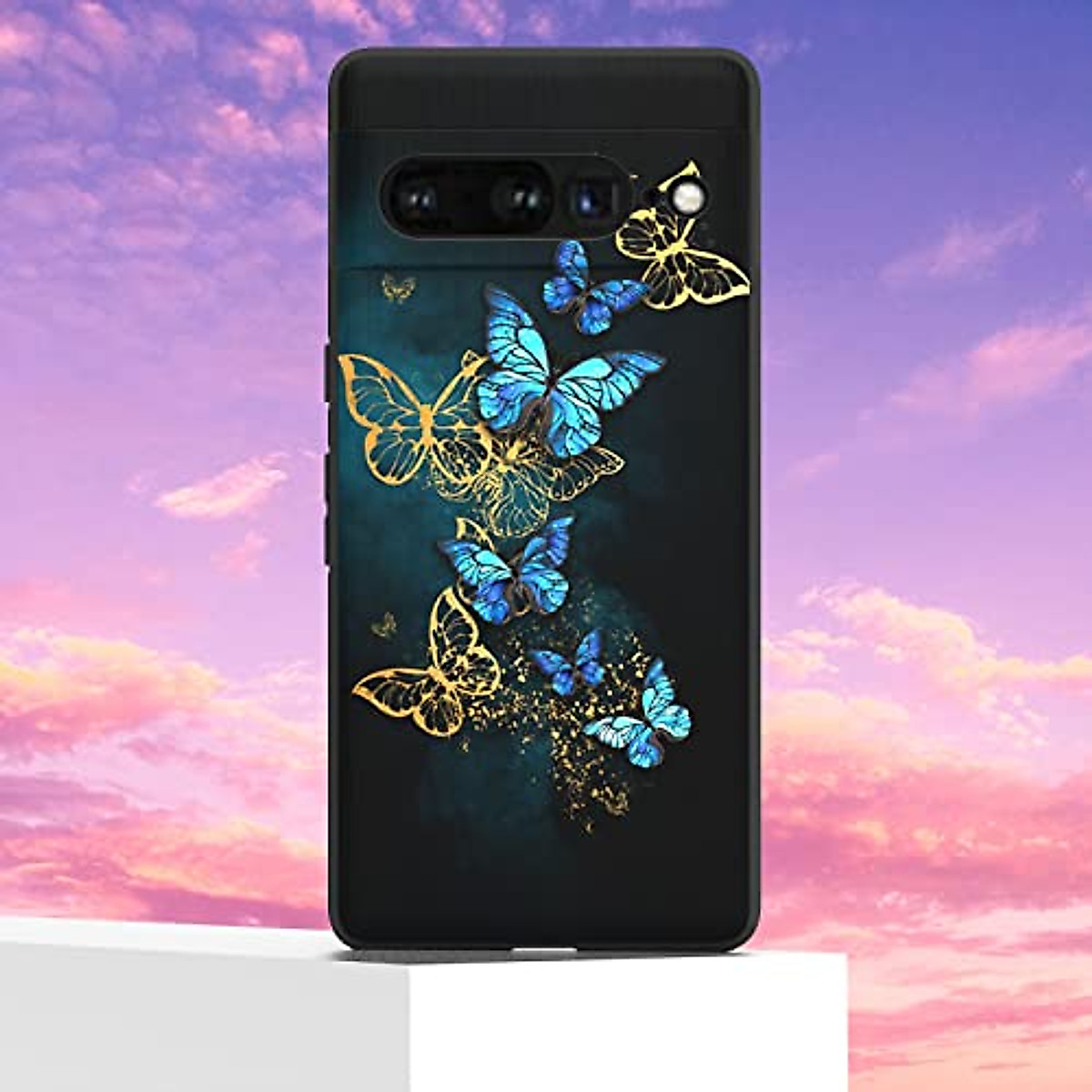 NKase for Google Pixel 7 Pro Case 2022, Google Pixel 7 Pro Case Full Body Matte Soft TPU Flexible Non Slip Bumper Shockproof Protective Pixel 7 Pro Phone Case, Gold/Blue Butterfly