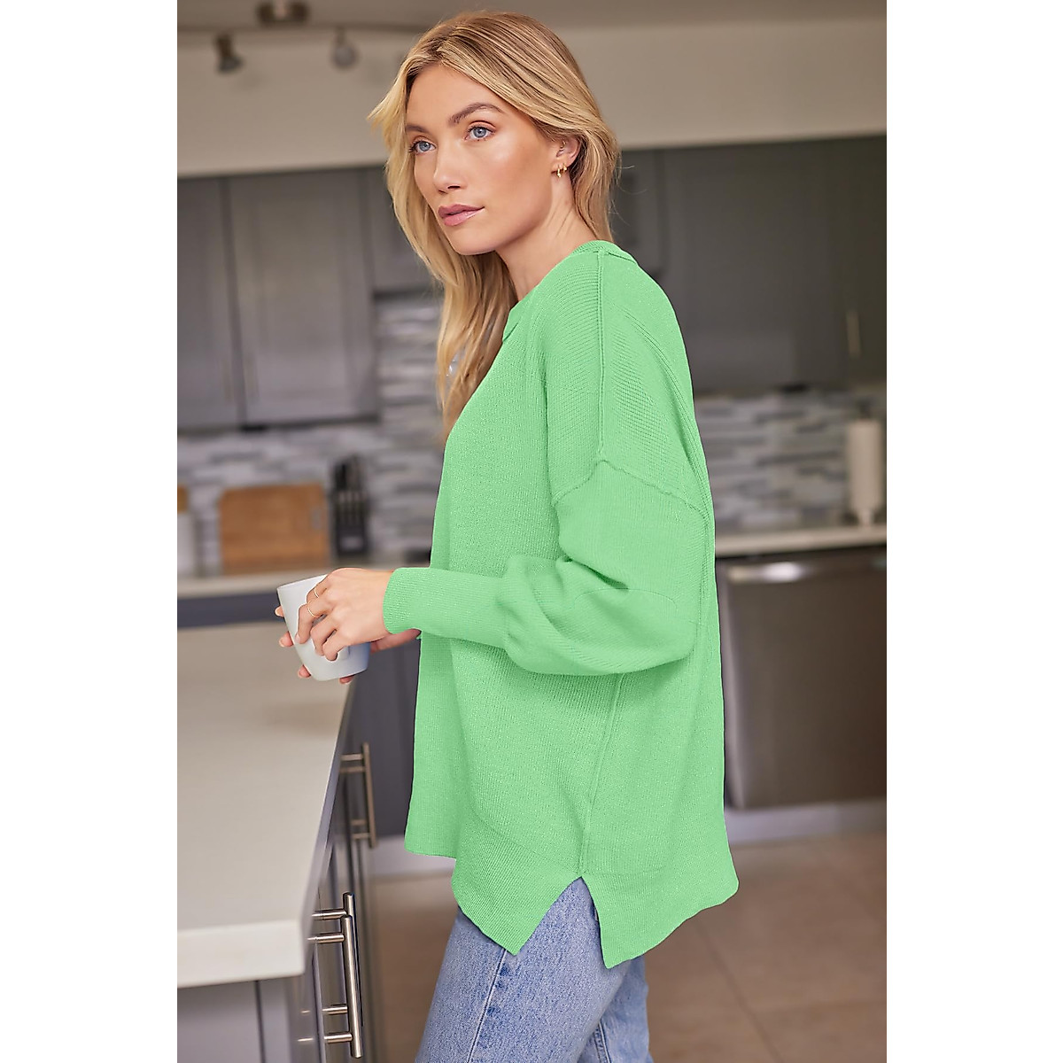 LILLUSORY Women's Oversized Batwing Sweaters 2024 Fall Outfits Crewneck Ribbed Knit Side Slit Trendy Pullover Tops LightGreen L