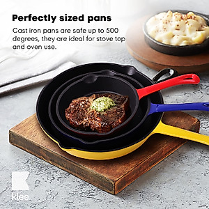 Klee Enameled Cast Iron Skillet, Set of 3 (7-inch, 8.5-inch, 10-inch) - Multipurpose Cooking Pan with Porcelain Enamel Coating and Pour Spout - Safe in Any Stovetop and Oven Up To 500°F