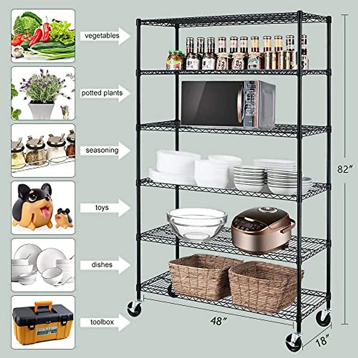 6 Tier Storage Metal Shelf 82"x48"x18" NSF Wire Shelving Unit with Wheels Heavy Duty Layer Rack with Casters, Sturdy Steel Metal Wire Rack for Pantry Kitchen Garage Rack (Black, 82"x48"x18")