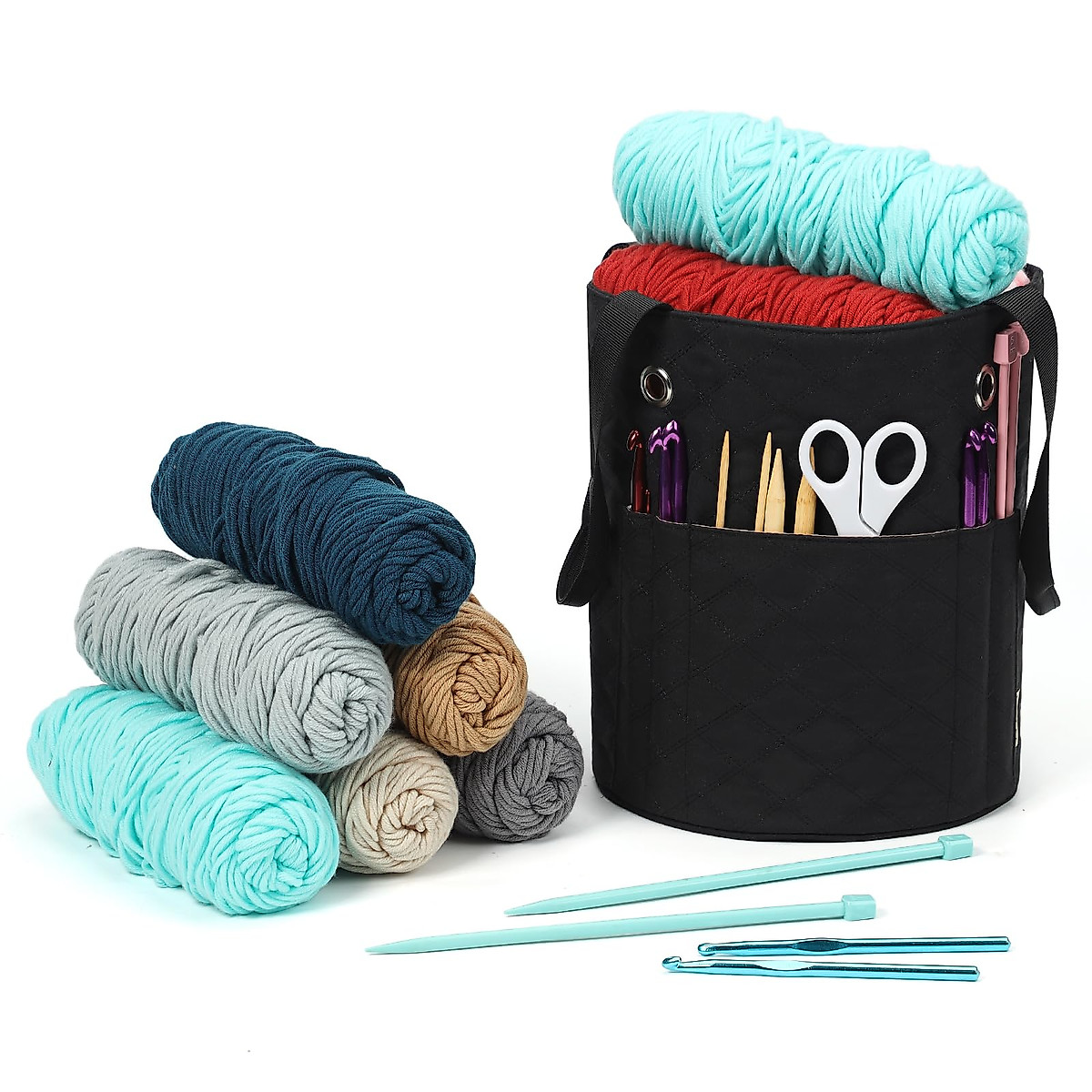 HOMEST XL Yarn Storage Tote, Tangle Free with 6 Oversized Grommets, Knitting and Crochet Organizer, Large Craft Supplies Bag with Drawstring Closure, Ripple (Patent Design)
