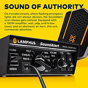SoundAlert 12V 100W Police Siren PA System Kit [118-124dB Slim Speaker] [2 x 16A Aux Switch] [Hands-Free Air Horn] [PTT Mic] [Radio Rebroadcast] Warning Emergency Siren for Fire Tow Food Truck UTV ATV