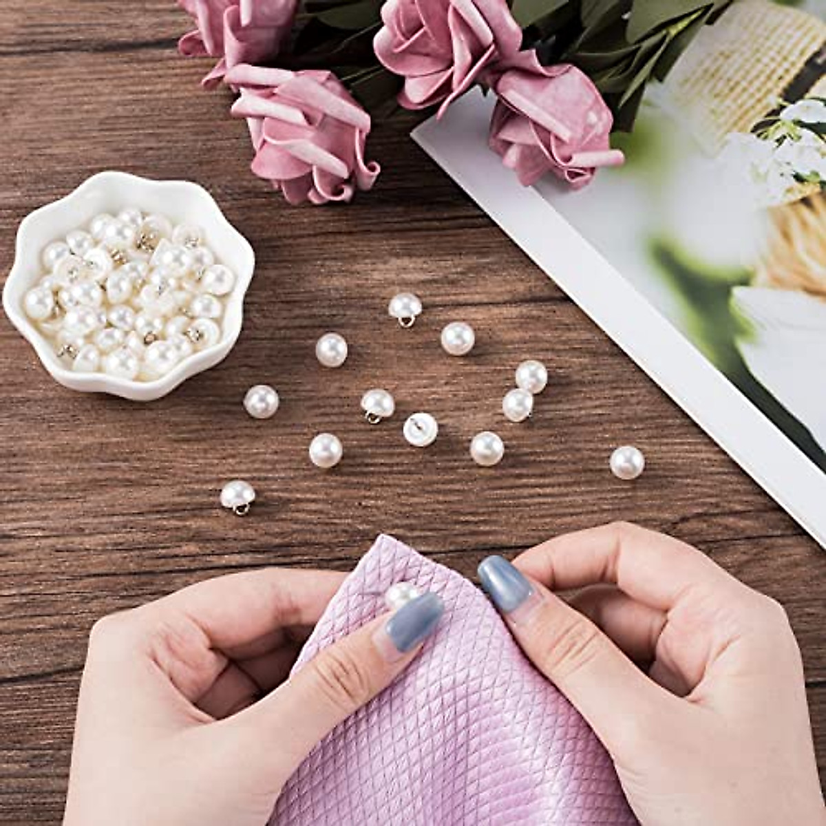 OIIKI 150PCS Half Pearl Buttons, 10mm Faux Half Pearl with Loop, Plastic Half Pearl Buttons, Decorative Sewing Buttons for DIY Sewing, Wedding Dress, Headband, Clothing, Bags