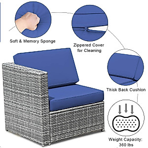 Tangkula 8 PCS Outdoor Patio Furniture Set, Rattan Wicker Sofa Set, Sectional Sofa Couch Conversation Set w/Storage Table and 12 Zippered Cushions for Garden Backyard Poolside (Navy)