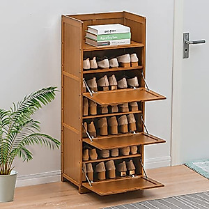 MoNiBloom 7 Tier Shoe Storage Cabinet, Bamboo Narrow Shoes Sneakers Rack Organizer Stand with Pull-Down Doors for 16-20 Pairs Entryway Hallway Living Room, Brown