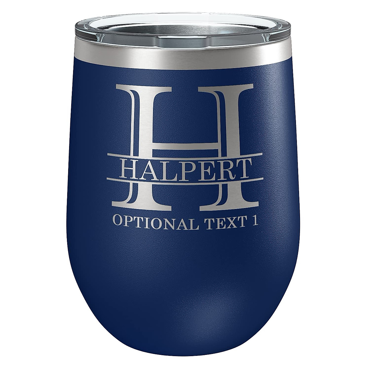 Personalized 12oz (17 Colors) Powder Coated Stainless Steel Stemless Wine Tumbler with Lid, Custom Etched, Customized Wine Gift for Women Her, Wine Lover, Halpert Monogram Initial Name (Navy Blue)