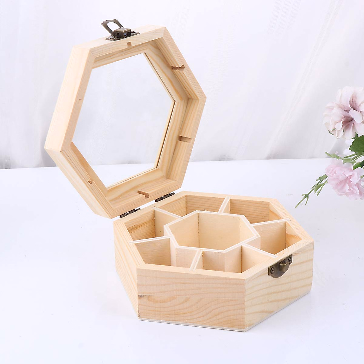 Wood Jewelry Storage Box with Hinged Lid Window DIY Hexagon Jewelry Display Case Desktop Compartment Sundries Organizer Unfinished Holder Box Table Organizer