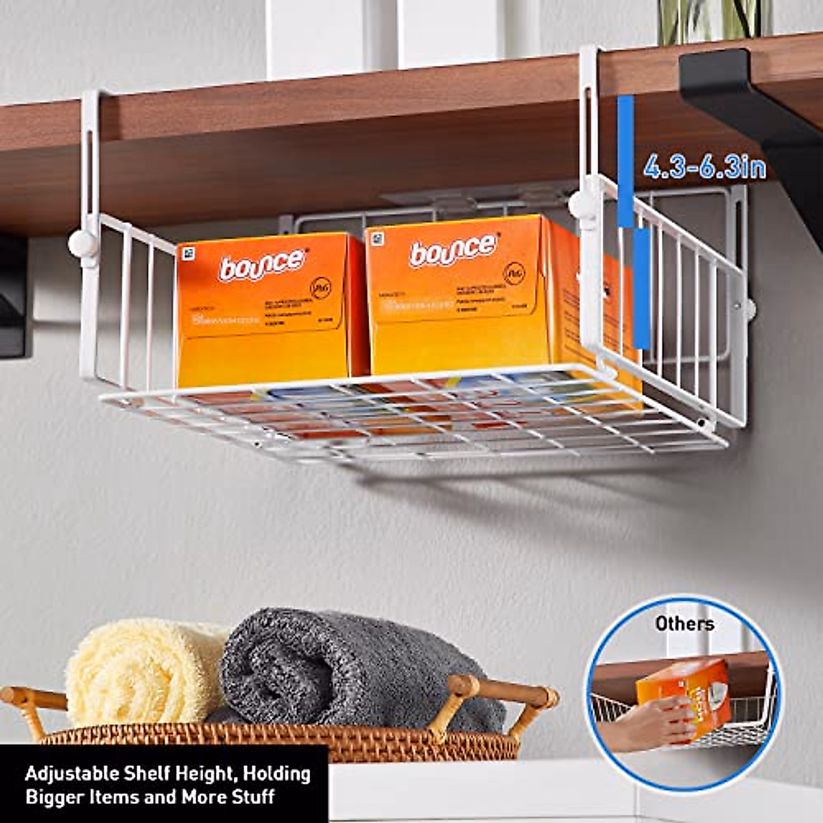 AmonHouseware 2 Pack Hanging Under Shelf Storage Basket,Adjustable Under Cabinet Add-on Storage Racks Slide-in Baskets Organizer for Laundry Room Kitchen Pantry Desk Bookshelf, White