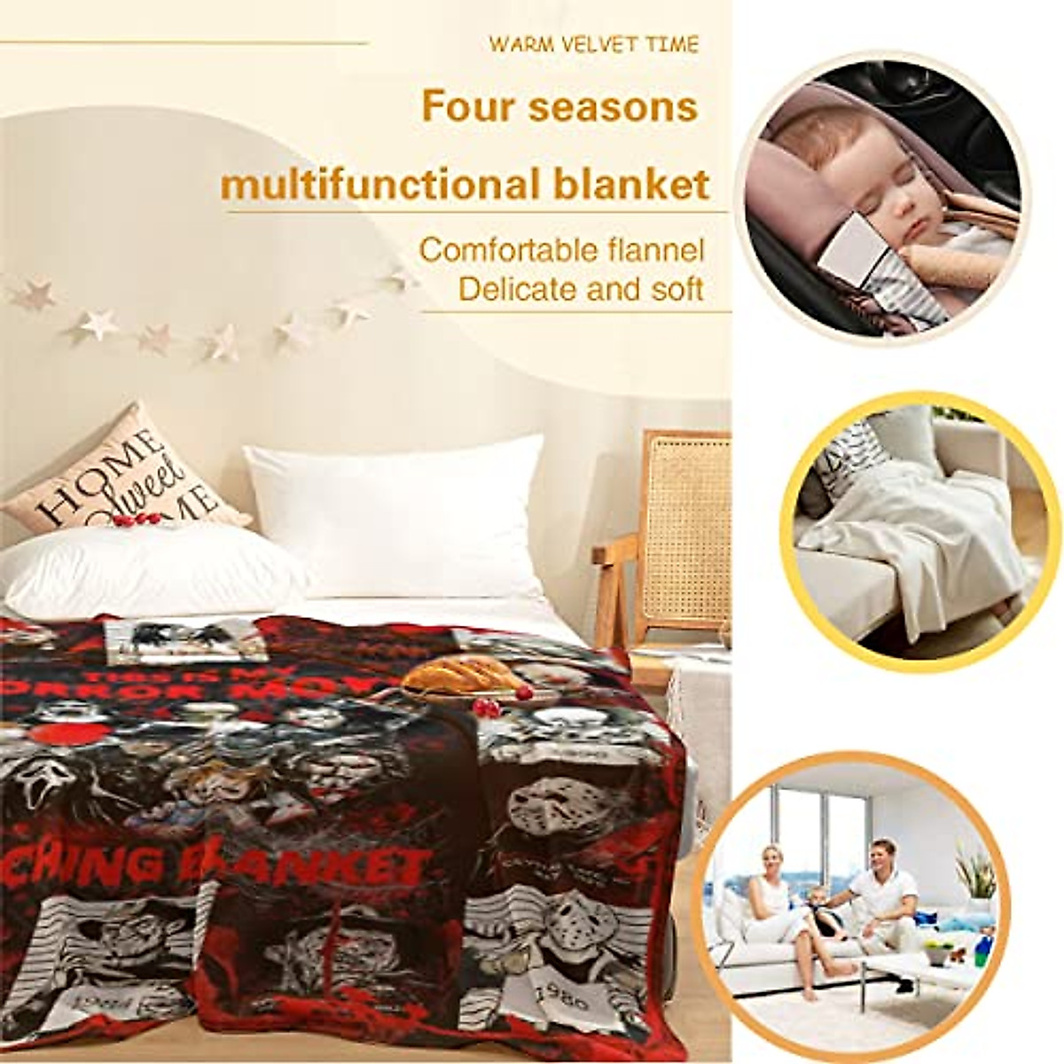 Super Soft Horror Movie Watching Blanket 50"x60" Halloween Christmas Throw Blanket Warm Lightweight Cozy Flannel Blankets for Bed Sofa Living Room