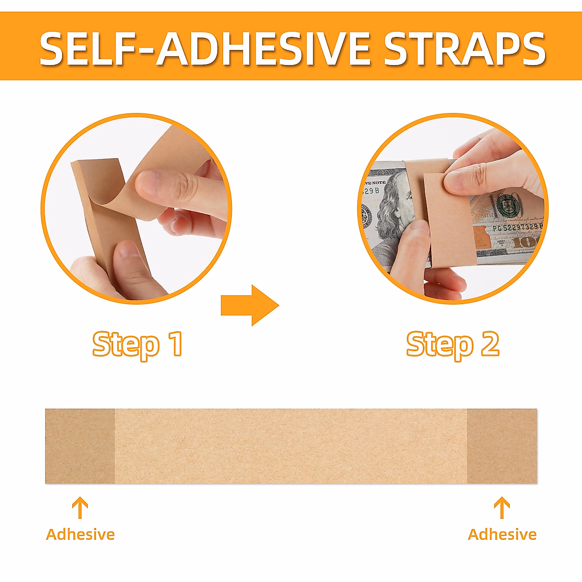 Money Bands 550 Pack Blank Natural Kraft Brown Cash Bands Self Adhesive Currency Straps for Bill Wrappers Cash Organizer