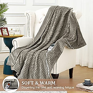 CAROMIO Heated Blanket Electric Throw - Fast Heating Throw Blanket 10 Heating Levels & 1-10H Auto Off Striped Flannel Electric Heated Blanket Throw for Home Office Use, 50x60 Inch, Khaki