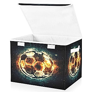 Krafig Burning Soccer Ball Foldable Storage Box Large Cube Organizer Bins Containers Baskets with Lids Handles for Closet Organization, Shelves, Clothes, Toys