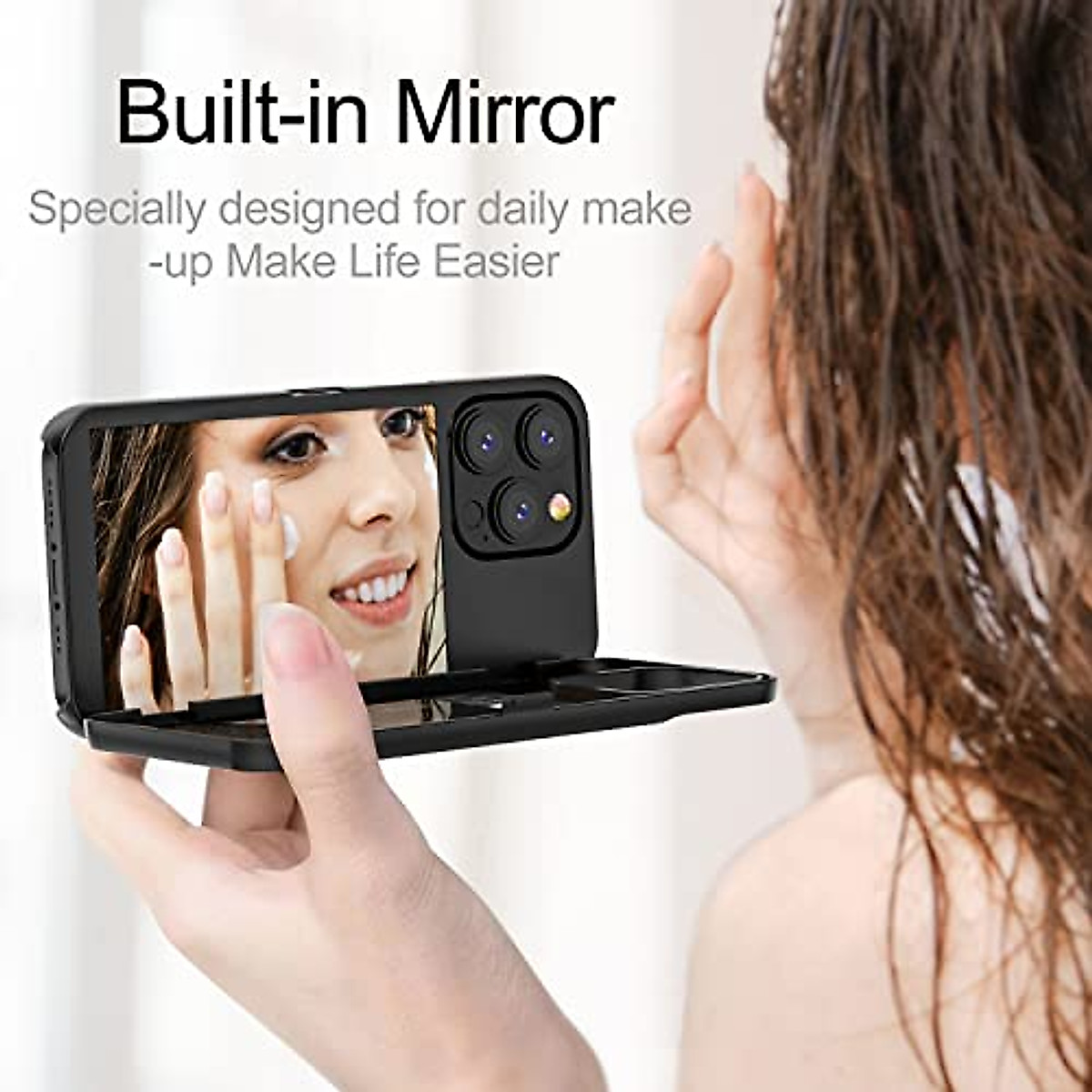 W7ETBEN iPhone 14 Pro Max Wallet Case, iPhone 14 Pro Max Case with Kickstand Built-in Mirror Shockproof Card Holder Cover for Apple iPhone 14 Pro Max 6.7" (Black)