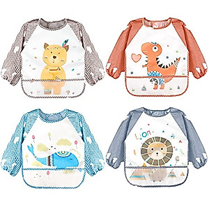 Accmor 4 Pack Long Sleeve Baby Bibs, Waterproof Sleeved Bib, Toddler Baby Bibs for 6-36 Months