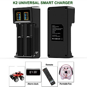 USB Battery Charger 2-Bay 5V 2A for Rechargeable Batteries 1.2V AA AAA 3.7V Li-ion 26650 18650 16340(RCR123) Capacity Display (Not Battery)