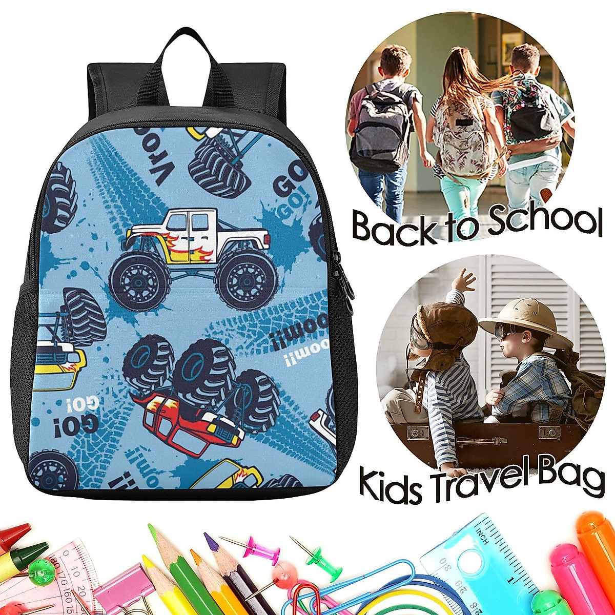 Naanle Kids Backpack for Girls Boys Monster Truck Cars Backpacks Bag Baby Rucksack for Kindergarten Elementary School