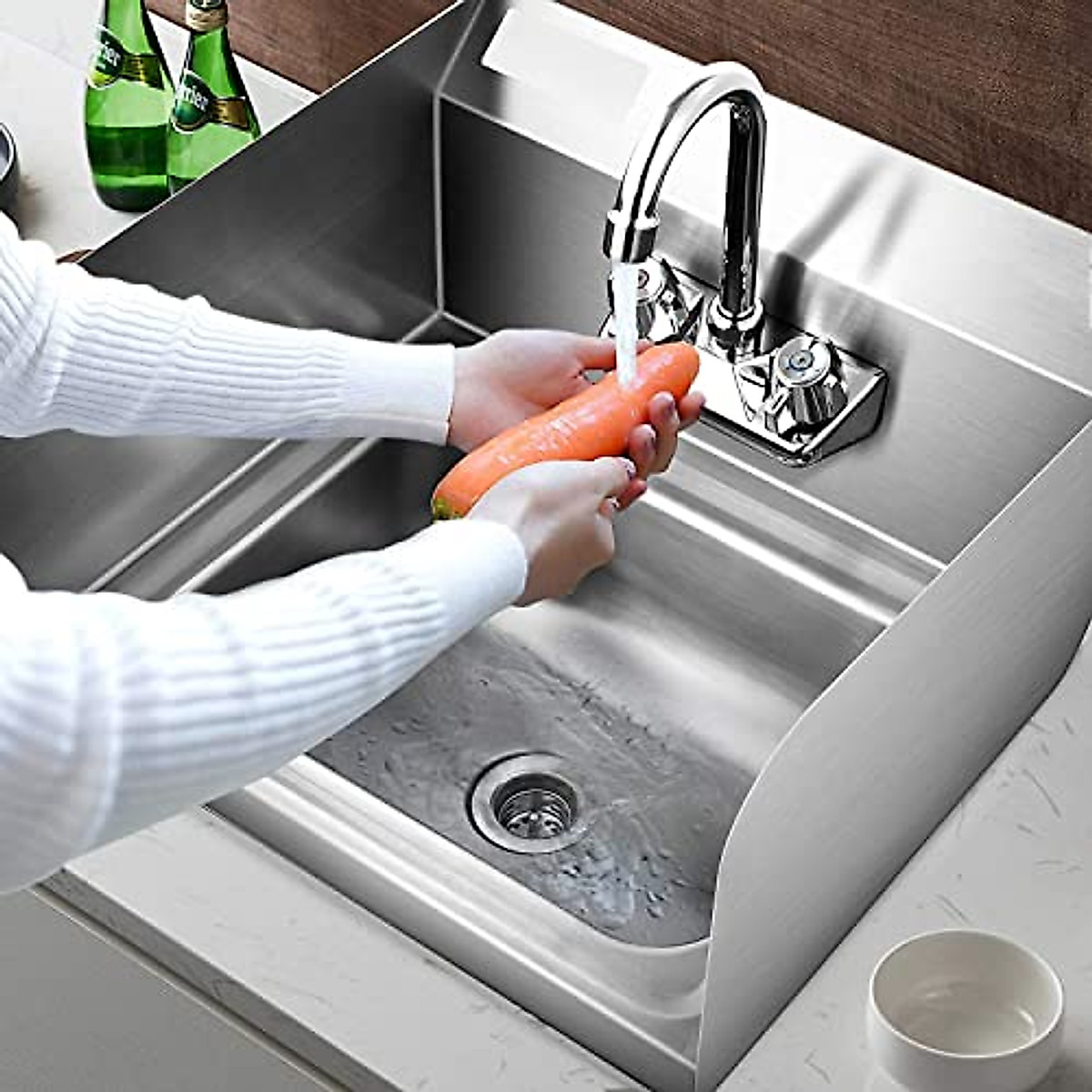 PETSITE Stainless Steel Sink for Washing with Faucet & Splash Guard, Commercial Wall Mount Sink for Home Kitchen 17 x 15 Inch