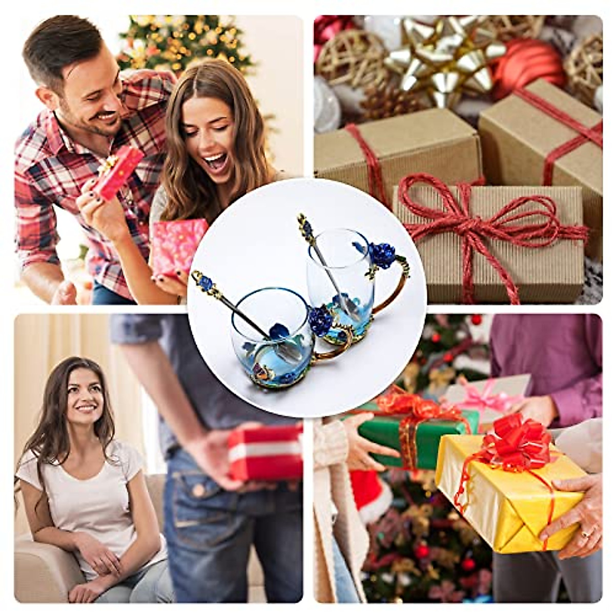 DUMVOIN Tea Cup Glass Coffee Mugs,Fancy Tea Cup Set Birthday Christmas Valentine's Day Gift Idea for Tea Lover and Women Novelty Coffee Mugs Rose Flower Enamel Tea Cup Glass Mug with Spoon Set