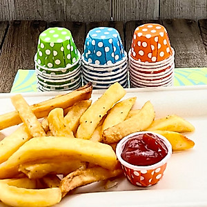 Outside the Box Papers Mini Paper Taster Cups - Sample .5 Ounce Souffle Cups - Red Orange Yellow Green Polka Dot - 250 Pack