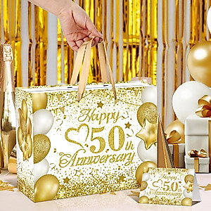 50th Anniversary Paper Gift Bag, White Gold 50th Anniversary Party Gift Bag with Tissue Papers Card 50th Wedding Anniversary Paper Gift Wrapping Bag 50th Golden Wedding Anniversary Christmas Decor