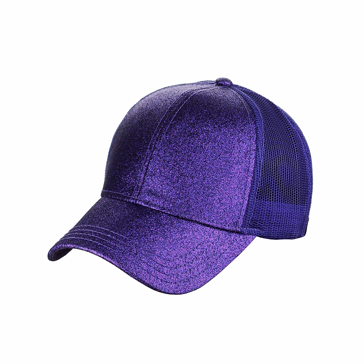 C.C Ponycap Messy High Bun Ponytail Adjustable Glitter Mesh Trucker Baseball Cap, Purple