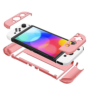 TNP Switch OLED Dockable Case - Pink, for Nintendo Switch OLED Model 2021, Cute Protective Case Cover, Hard PC Shell coated with Silicone Skin for Switch OLED Accessories Console & JoyCon Controller