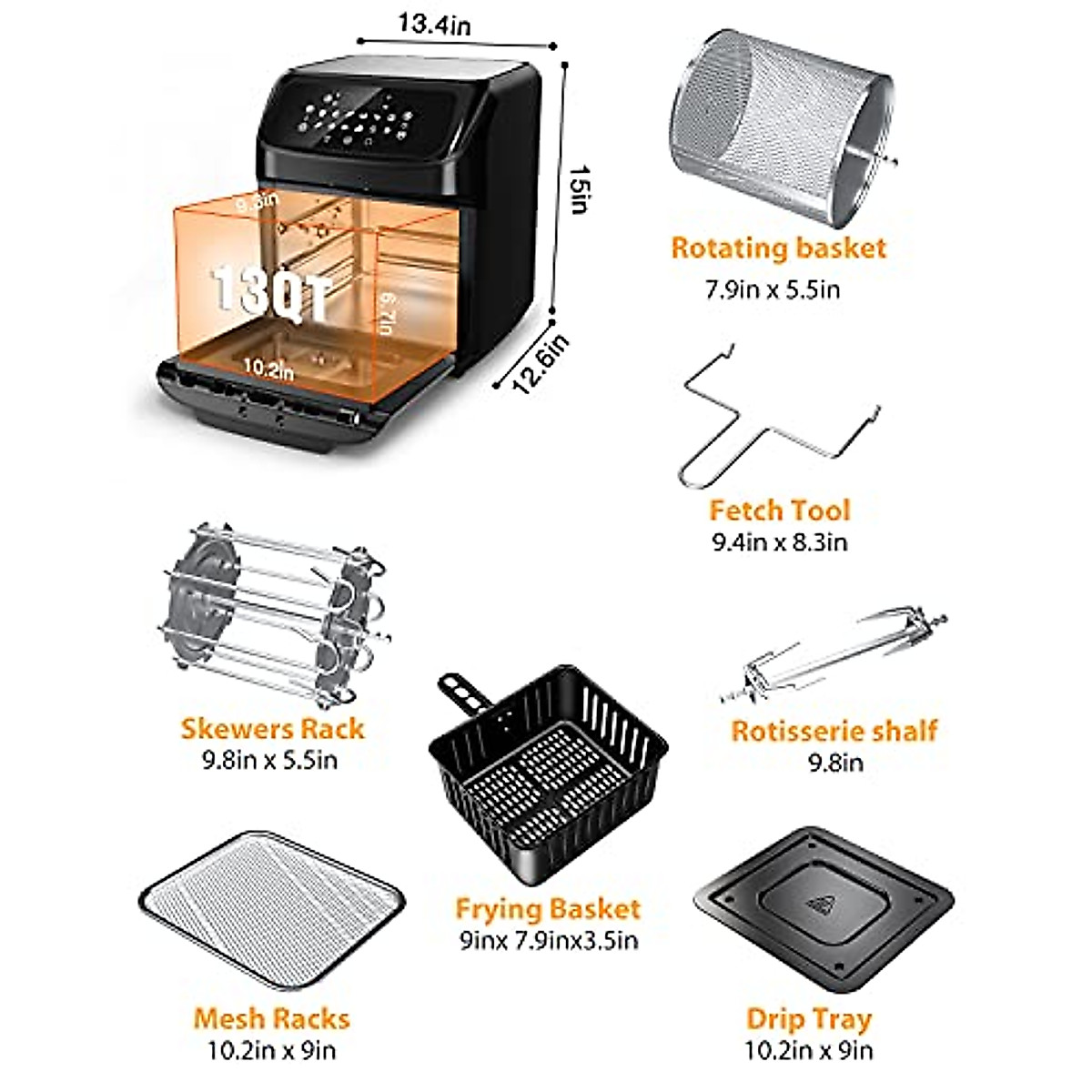 Air Fryer, 13 Quart Air fryer Oven with Rotisserie Function, 10 in 1 Electric Hot Oven with 8 Cooking Accessories and Recipe, 1700W Air Fryer Toaster Oven with 9 Presets, Preheat & Defrost Function