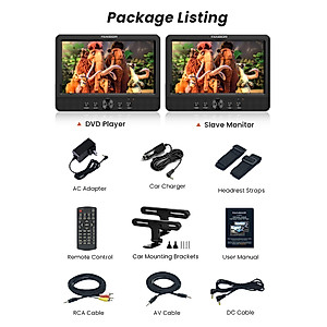 FANGOR 10.5'' Car DVD Player Dual, Portable DVD Player for Car with 5 Hours Rechargeable Battery, Two Mounting Brackets, Support USB/SD, AV Out & in, Last Memory, (1 Player + 1 Monitor)