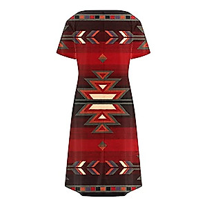 DUOWEI Ladies Casual Short Sleeve V Neck Dress Retro Print Mid Length Knee Length Skirt Red