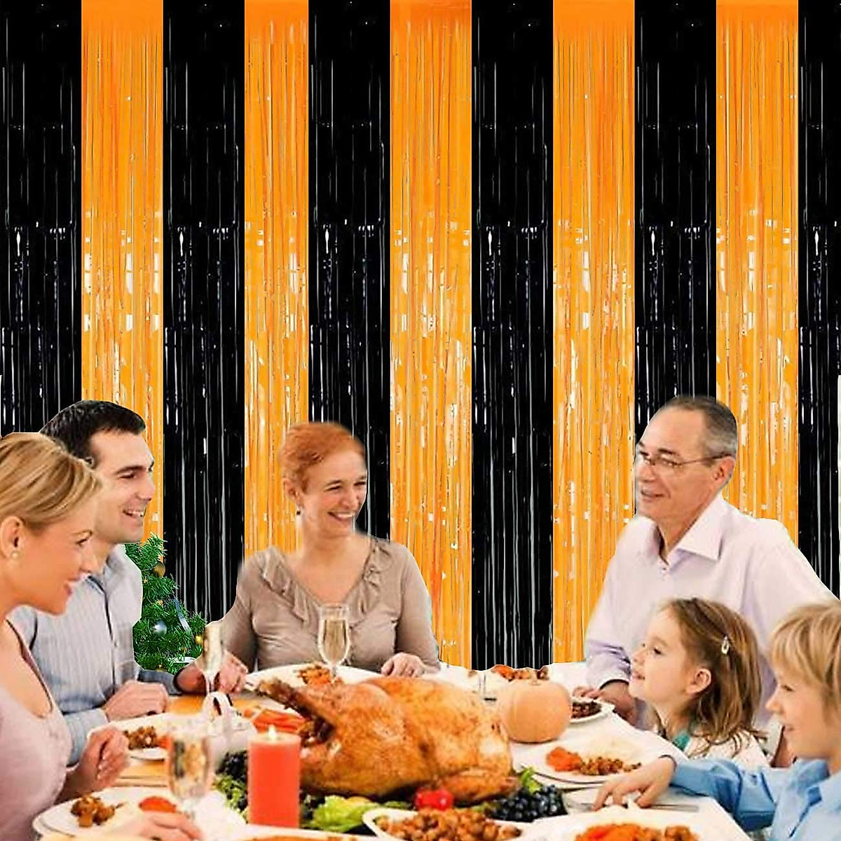 3 Packs 3.3ft x 6.6ft Orange Black Metallic Tinsel Foil Fringe Curtains Photo Booth Props for Halloween Birthday Bridal Shower Baby Shower Bachelorette Holiday Celebration Party Decorations