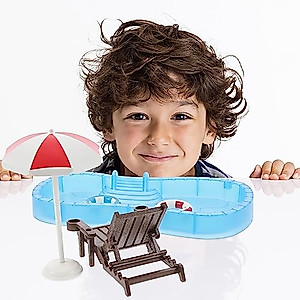 Ciieeo 5 Pieces Miniature Dollhouse Beach Accessories Beach Dollhouse Decoration Set with Umbrella Chair Swimming Ring Swimming Pool