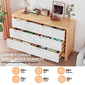 Polynices Bedroom Dressers with Drawers,Large Natural Wood Dresser & Chests of 6 Drawers Storage Organizer, Modern Wide Dresser for Bedroom, Kids Bedroom, Hallway White