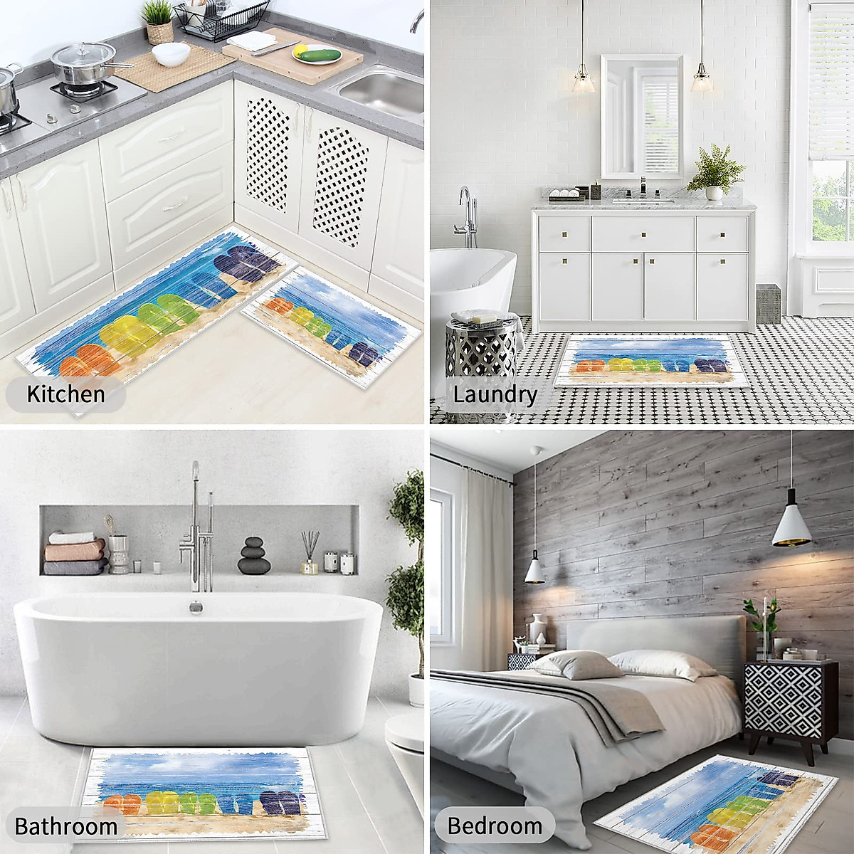 ZOE GARDEN 2 Pcs Kitchen Rug Set, Blue Sky Colorful Flip Flops Non-Slip Kitchen Mats and Rugs Comfort Floor Door Mat Doormat, Abstract Vintage Beach Throw Bath Runner Rug Mat