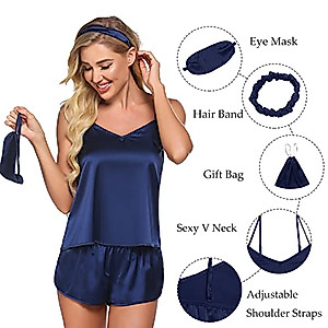 Ekouaer Satin Bridal Party Pajamas Plus Size Nightwear Loose PJs Button Long Sleeves Sets and Cami Shorts Gift for Wife A-navy Blue
