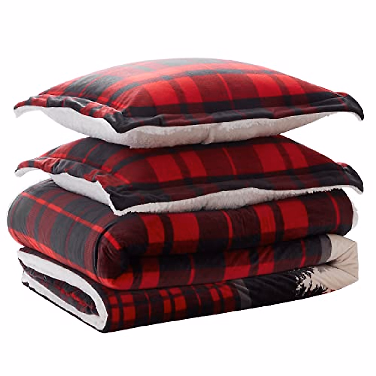 Sweet Home Collection Comforter Set Buffalo Plaid Check Lodge Cabin Print Sherpa Lined Ultra Soft Cozy Plush Bedding, Queen, Burgundy